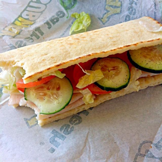 subway flatbread turkey with provolone tomatoes cucumbers an lettuce ...