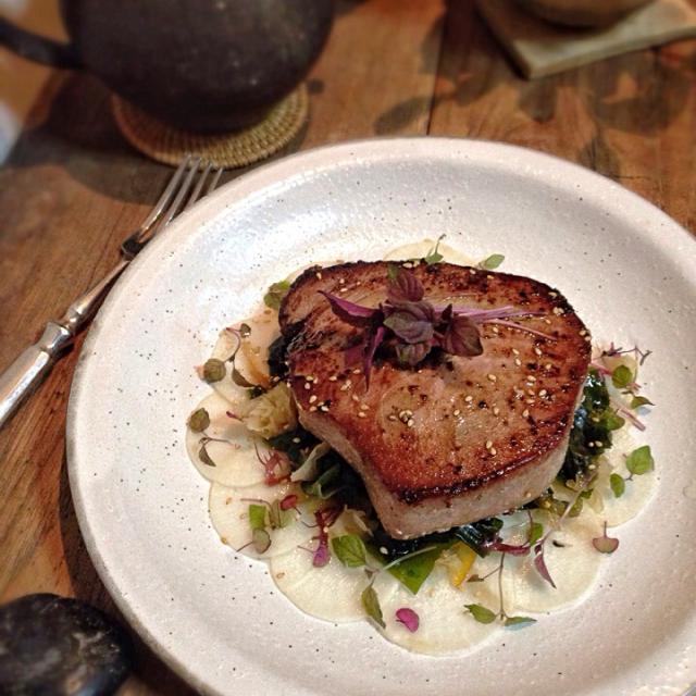 Pan roast tuna marinaded daikon seaweed salad shiso sprout/rick chan ...