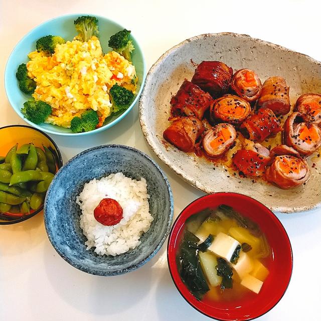 ごはん 肉巻き 枝豆 ポテトサラダ じゃがいもとほうれ.../nikotan.sy | Snapdish[スナップディッシュ]
